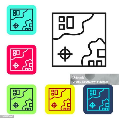 흰색 배경에 고립 된 비행기 아이콘과 블랙 라인 세계 여행지도 색상 정사각형 단추로 아이콘을 설정합니다 벡터 개념에 대한 스톡 벡터 아트 및 기타 이미지 Istock