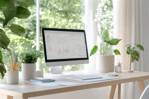 Computer Monitor Displaying Data Charts Modern Office Plants Window