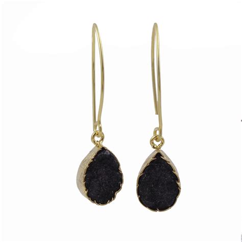 Black Agate Druzy Long Earring Hook Style Earring Texture Jewelry