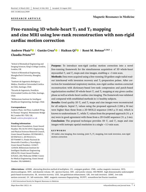 Pdf Free‐running 3d Whole‐heart T 1 And T 2 Mapping And Cine Mri Using Low‐rank Reconstruction