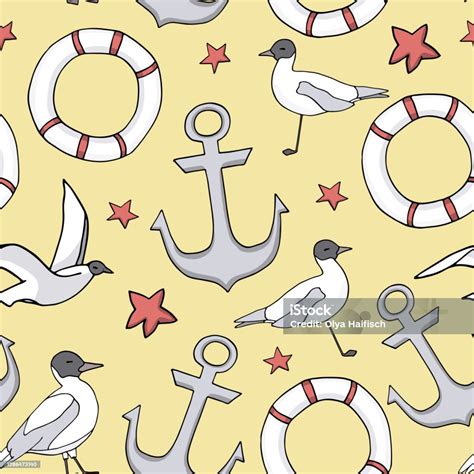 앵커 갈매기 및 구명 부표가있는 벡터 원활한 패턴 노란색 모래 배경에 만화 항해 요소 여름 여행 직물 인쇄 표지 장식 벽지에