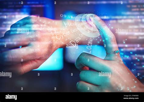 Hands Hacking And Cybersecurity Hologram Button And Choice With