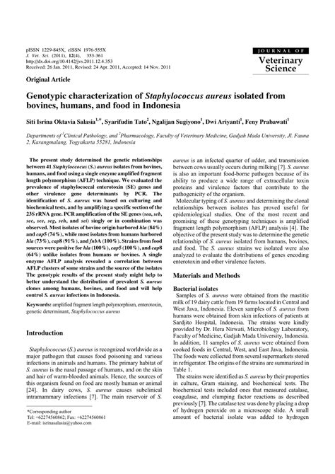 Pdf Genotypic Characterization Of Staphylococcus Aureus Isolated From Bovines Humans And