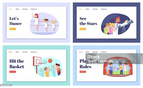 과외 활동 방문 페이지 벡터 템플릿 세트입니다 플랫 일러스트와 함께 아이 웹 사이트 인터페이스 아이디어에 대한 관심 클래스 방과