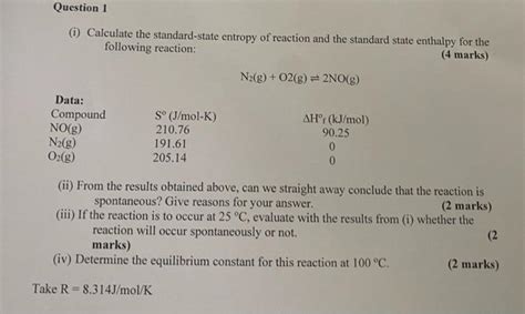 Solved Question 1 I Calculate The Standard State Entropy