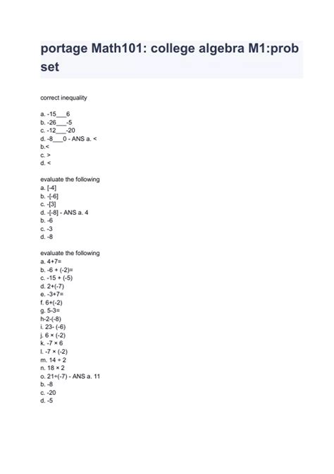 Portage Math 101 Learning College Algebra M1 Prob Set To Statistics Final Exam 2023 2024 With