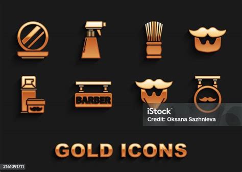 세트 이발소 콧수염과 수염 면도 젤 거품 브러시 거울과 미용사 권총 스프레이 병 아이콘과 메이크업 파우더 벡터 거울에 대한 스톡 벡터 아트 및 기타 이미지 Istock