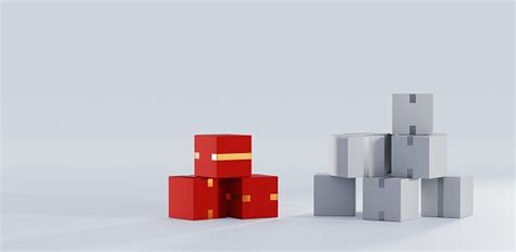 더미 쌓인 밀봉 된 골판지 상자 정사각형 판지 닫기 빨간 선물 상자 저장을위한 회색 포장 배송 또는 회색 배경에 격리 된 배달 소포 사실적인 일러스트레이션 3d 렌더링 0