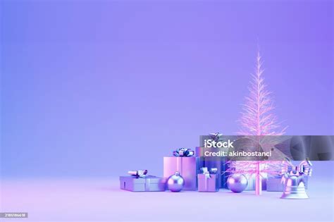 크리스마스 트리와 보라색 배경에 선물 상자 새해 컨셉입니다 0명에 대한 스톡 사진 및 기타 이미지 0명 12월 3차원 형태 Istock