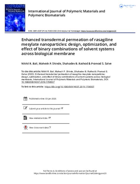 Pdf Enhanced Transdermal Permeation Of Rasagiline Mesylate Nanoparticles Design Optimization