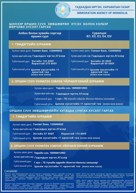 Оршин суух зөвшөөрөл ШИНЭЭР ХҮСЭХ ХЭЛБЭР ӨӨРЧЛӨХ ХУГАЦАА СУНГАХ үйлчилгээний хураамж төлөх