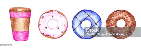 흰색 배경에 고립 된 도넛과 커피 컵 3 개 블루 초콜릿 핑크 수채화 도넛과 커피 컵 일러스트레이션 손으로 그린 빵집 물건 귀여운 도넛 아이콘 개체 그룹에 대한 스톡 벡터