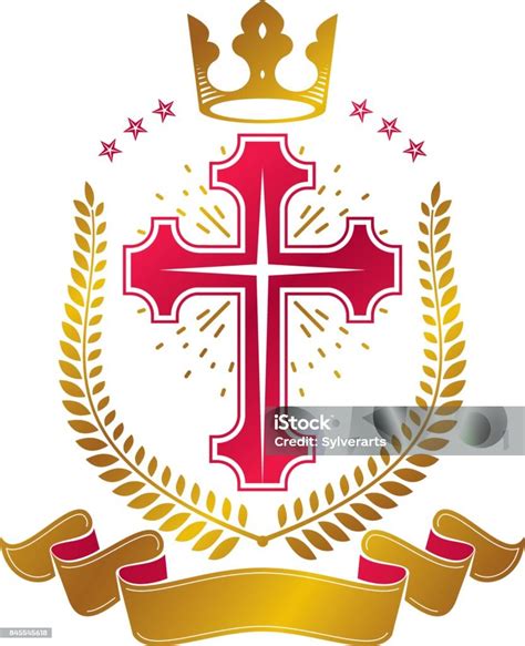 로얄 크라운으로 만든 골든 엠 블 럼 크로스 기독교 월계관 및 럭셔리 리본 팔의 문장 학 외 투 절연 장식 아이콘 벡터 일러스트 종교와 영 성 기호입니다 0명에 대한 스톡