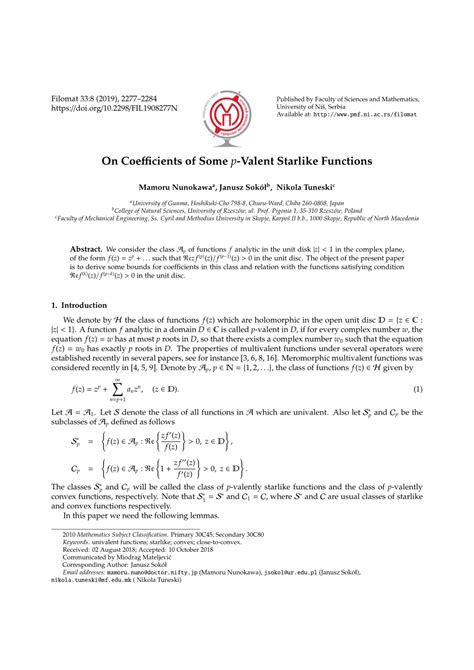 Pdf On Coefficients Of Some P Valent Starlike Functions
