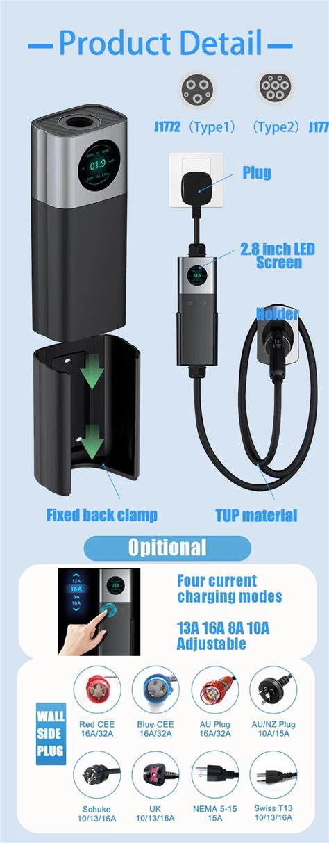 Portable Ev Charger Customizable Ac Mode Kw A Evse Type Inch Screen Ev Charging