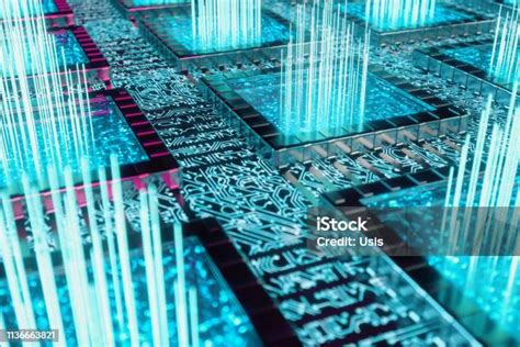 Ai인공 지능 개념입니다 기계 학습 빛나는 트랙이 있는 회로 기판의 중앙 컴퓨터 프로세서 인코딩된 데이터입니다 회로 배경 3d 그림을 통해 컴퓨터 칩 합류에 대한 스톡 사진