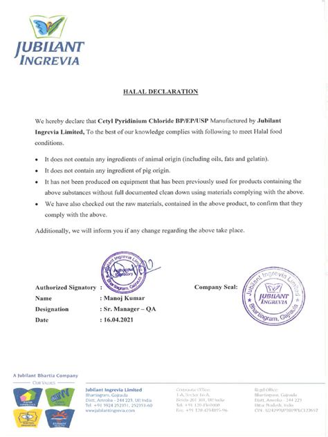 Halal Declaration Flowchart Spec Cpc Jubilant Ingrevia Pdf