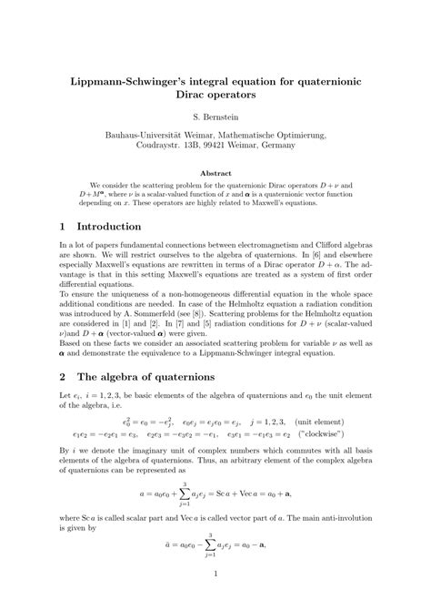 Pdf Lippmann Schwingers Integral Equation For Quaternionic Dirac Operators