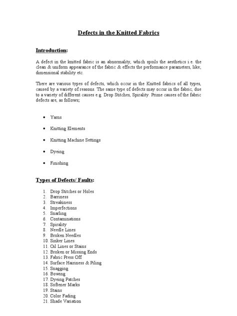 Defects In The Knitted Fabrics Project Pdf Knitting Yarn