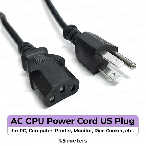 Ac Cpu Power Cord Us Plug For Pc Computer Printer Monitor Rice Cooker 3 Prong Male Jack 1 5