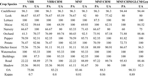 summary of classification accuracies of the different classification