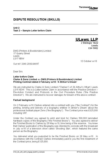 Letter Before Claim Dispute Resolution Skills Unit 2 Task 2
