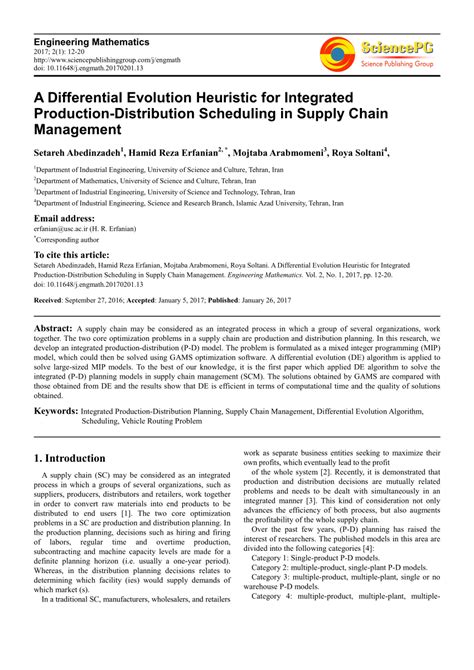 Pdf Engineering Mathematics A Differential Evolution Heuristic For Integrated Production