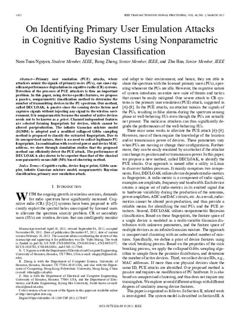 Pdf On Identifying Primary User Emulation Attacks In Cognitive Radio Systems Using
