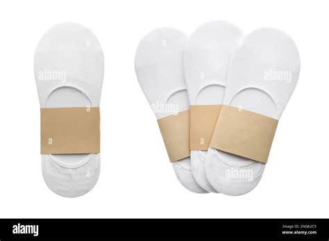 Pairs Of Cotton Socks With Blank Labels On White Background Collage