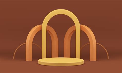 3d 받침대 노란색 실린더 무대 플랫폼 아치 제품 프로모션 프리젠 테이션 현실적인 벡터 3차원 형태에 대한 스톡 벡터 아트 및