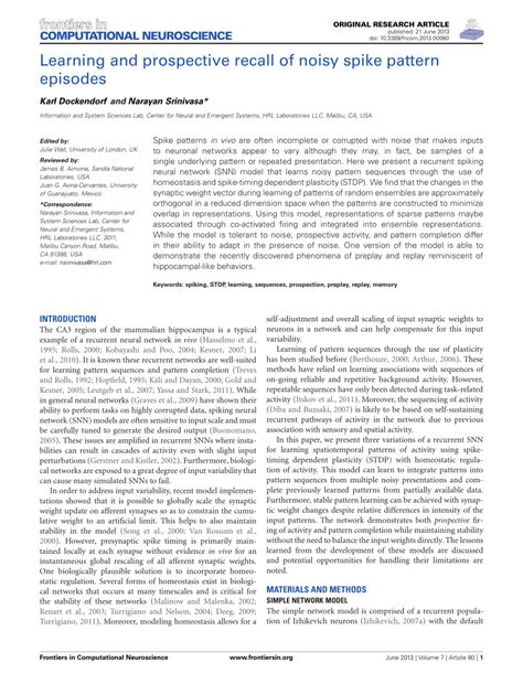 Pdf Learning And Prospective Recall Of Noisy Spike Pattern Episodes