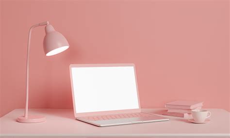 분홍색 방 내부에는 빈 흰색 화면이 있는 모형 노트북 컴퓨터가 있습니다 3d 렌더링 그림 0명에 대한 스톡 사진 및 기타 이미지 0명 3차원 형태 가구 Istock
