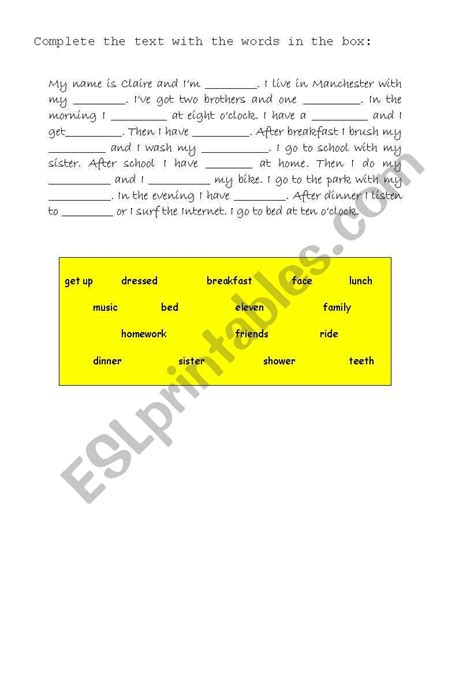 English Worksheets Complete This Text With The Words In The Box