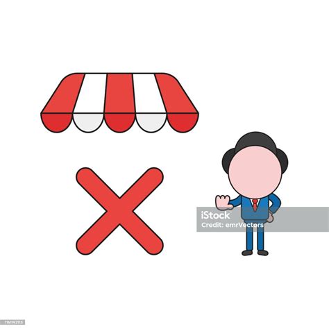 매장 차양 아래에 X 마크가 있는 사업가 캐릭터의 벡터 일러스트레이션과 손 정지 제스처를 보여 줌 색상 및 검은색 윤곽선 가격에