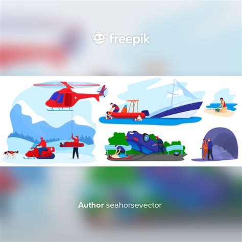 구조 재해 벡터 일러스트 레이 션 평면 세트 만화 구조대 팀은 사고로 부상당한 캐릭터를 저장하고 응급 의료 병원에서 구조하는 사람들을 구출합니다 프리미엄 벡터