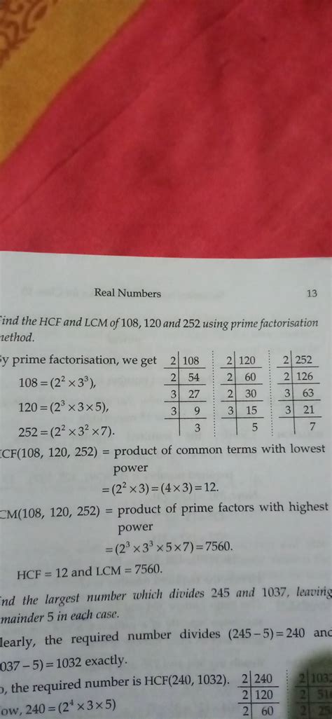 Real Numbers 13 Ind The Hcf And Lcm Of 108120 And 252 Using Prime Factor