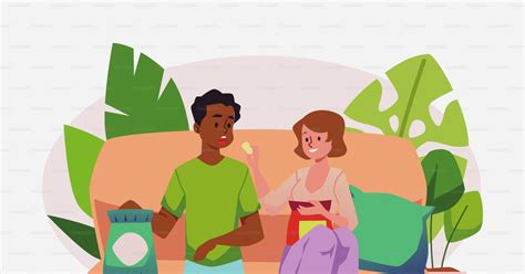 집에서 간식을 먹는 커플은 코치에 앉아 있고 하얀 배경에 고립된 평면 만화 벡터 삽화를 들고 있다 집에서 빠른 스낵과 쉬운