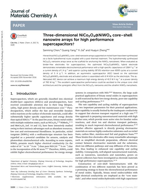 Pdf Three Dimensional Nico2o4niwo4 Core Shell Nanowire Arrays For High Performance Supercapacitor