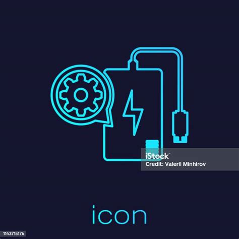 충전 케이블과 기어 라인 아이콘이 파란색 배경에 고립 된 청록색 전원 은행 조정 응용 프로그램 서비스 개념 설정 옵션 유지 보수