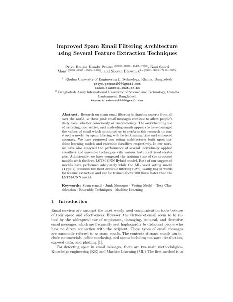Pdf Improved Spam Email Filtering Architecture Using Several Feature