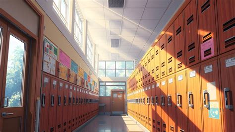 Bright Anime Style School Hallway With Wooden Lockers Colorful