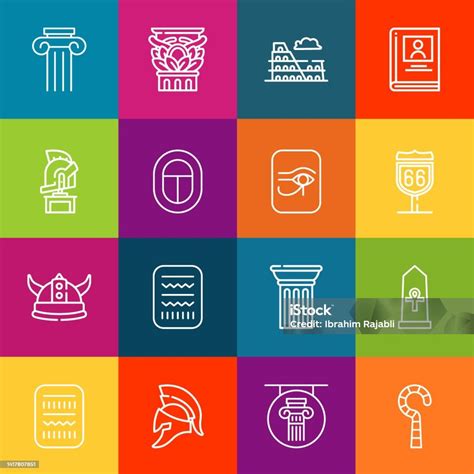 역사적인 요소의 현대 얇은 선 아이콘 세트 프리미엄 품질 개요 기호 컬렉션 간단한 모노 선형 픽토그램 팩 웹 그래픽을 위한 스트로크 벡터 로고 개념 벡터에 대한 스톡 벡터