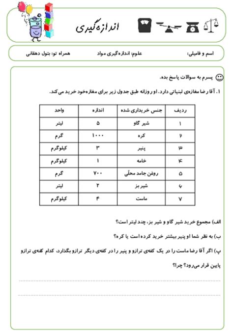 آزمون عملکردی علوم سوم ابتدائی درس 3 اندازه گیری مواد گاما