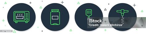 세트 라인 잼 항아리 바베큐 주걱 전자 레인지 및 와인 코르크 마개 아이콘 벡터 가정 생활에 대한 스톡 벡터 아트 및 기타 이미지 가정 생활 가정 주방 가정의 방