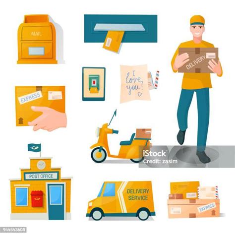 우편 빠른 무료 서비스 제공 소포 서신 편지 소포 남자 배달 상자를 가진 남자 우체국 메일 전송 상자 봉투 상자 스마트폰 벡터 만화 플랫 고객에 대한 스톡 벡터 아트 및