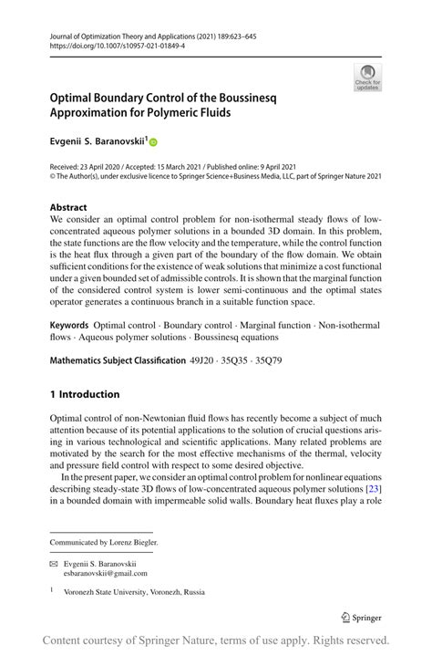 Optimal Boundary Control Of The Boussinesq Approximation For Polymeric Fluids Request Pdf