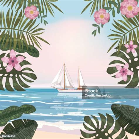이국적인 꽃 식물이 있는 여름 열 대 배경은 야자수 해변 바다 해안 범선 하늘 구름을 떠난다 템플릿 여름 휴가 휴일 Baner
