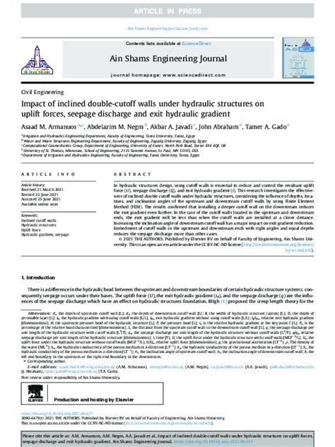 Pdf Impact Of Inclined Double Cutoff Walls Under Hydraulic Structures