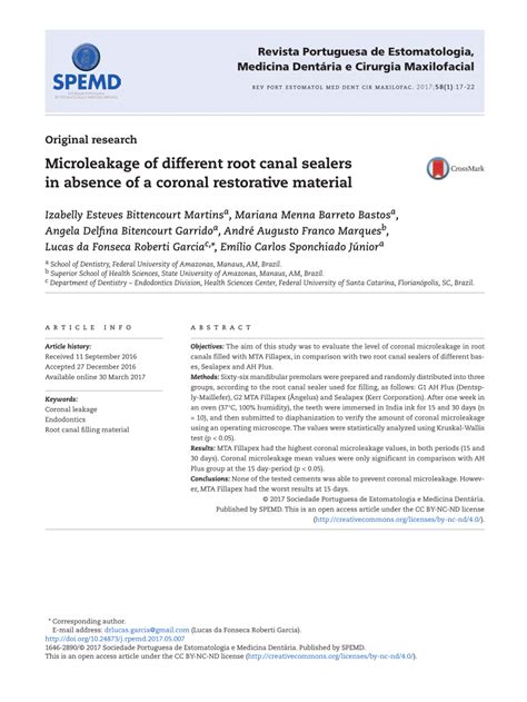 Pdf Microleakage Of Different Root Canal Sealers In Absence Of A
