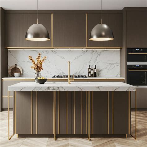 Luxury Kitchen With Marble Countertops And Elegant Gold Accents